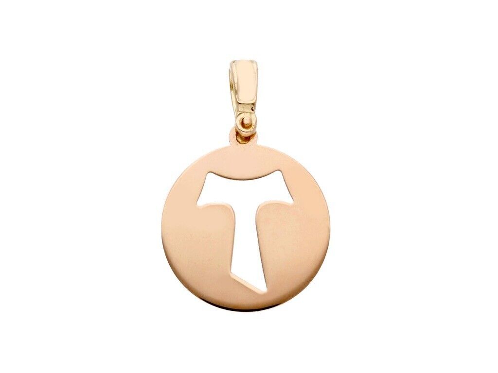 18k rose gold 15mm round medal cross franciscan tau tao Saint Francis