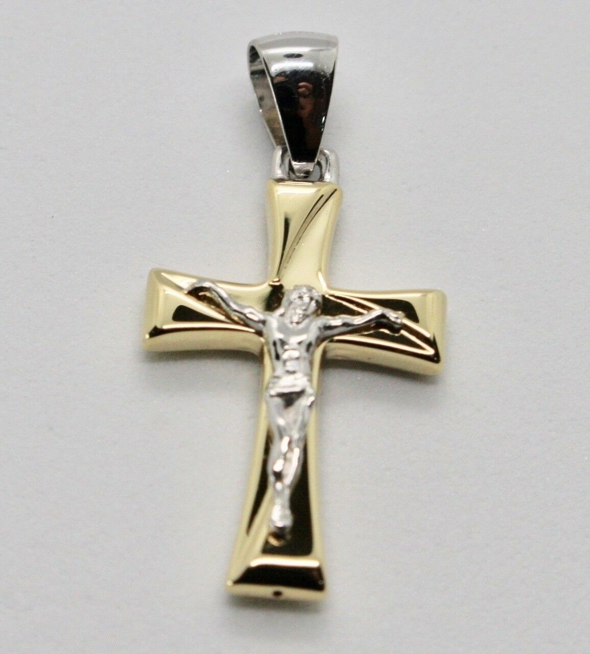 18k yellow and white gold cross Jesus stylized very luster made in Ita