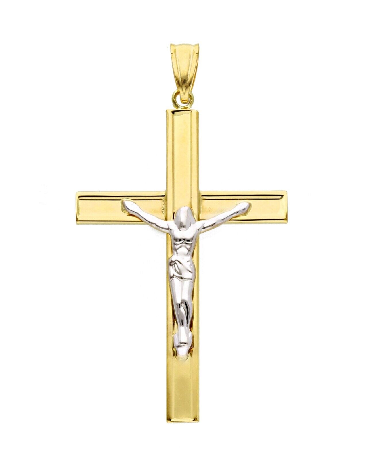 18K YELLOW WHITE GOLD SQUARED SMOOTH CROSS PENDANT, WITH JESUS CHRIST,