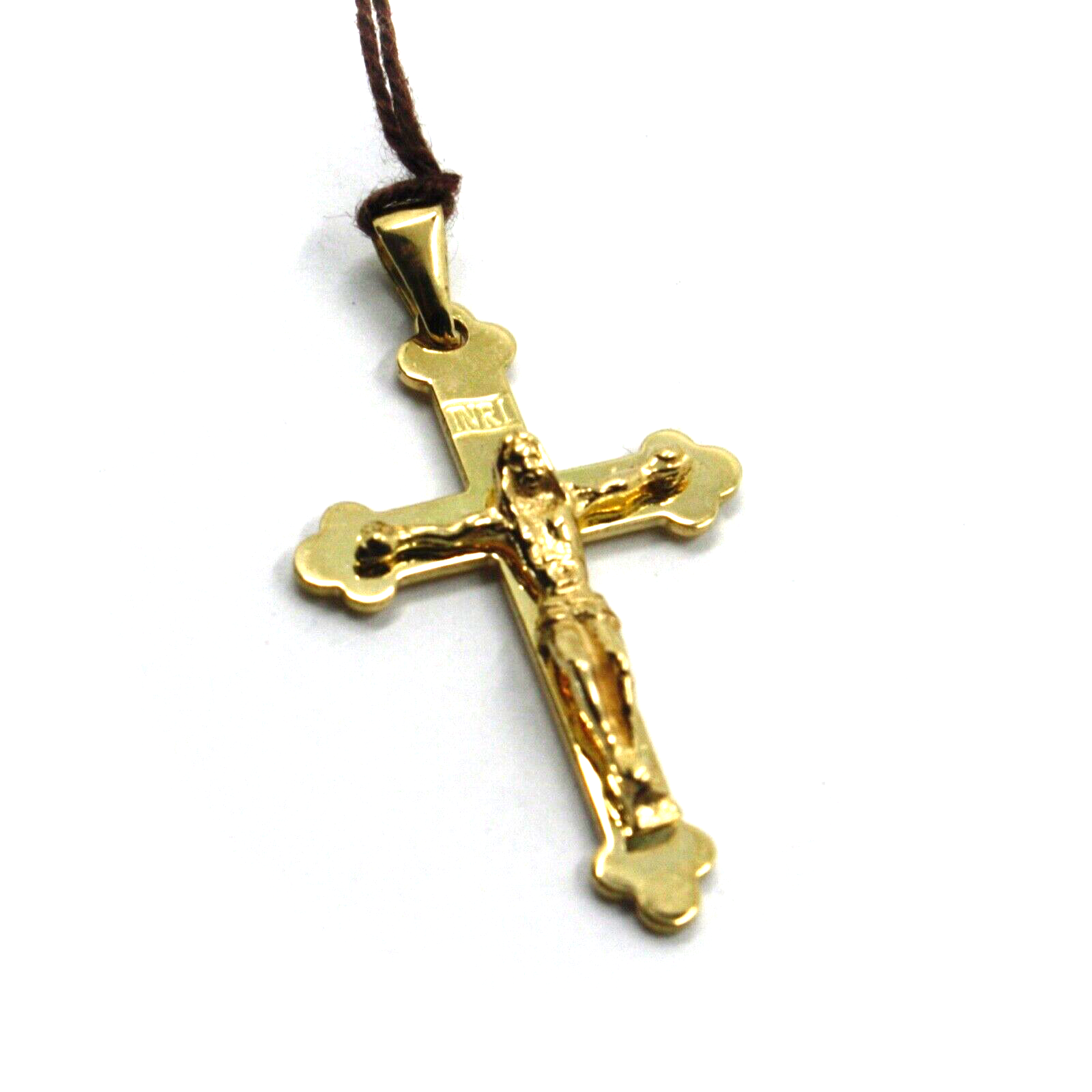 SOLID 18K YELLOW GOLD TRILOBE CROSS WITH JESUS, SMOOTH, FINELY WORKED,